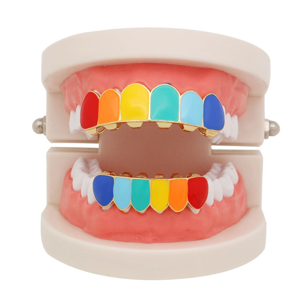 2021 Hip Hop Gold Tekashi 69 Rainbow Teeth Grillz Top&Bottom Colorful ...