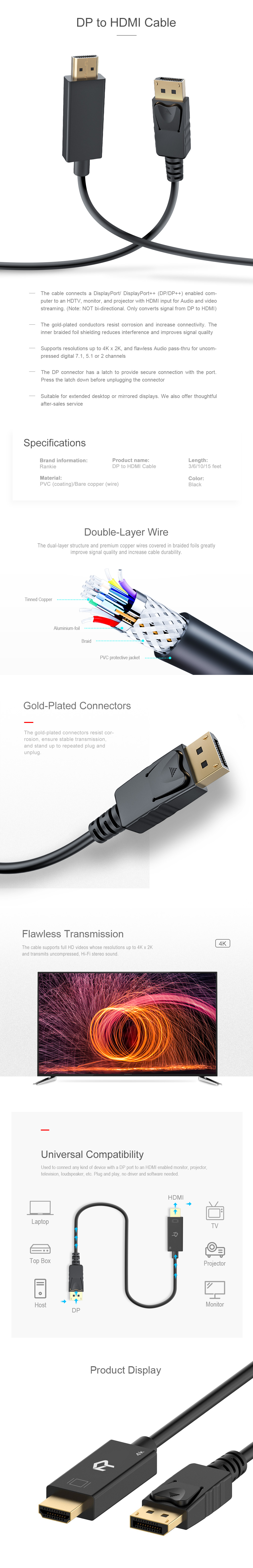 Rankie for DisplayPort (DP) to HDMI Cable 4K Resolution Ready | eBay